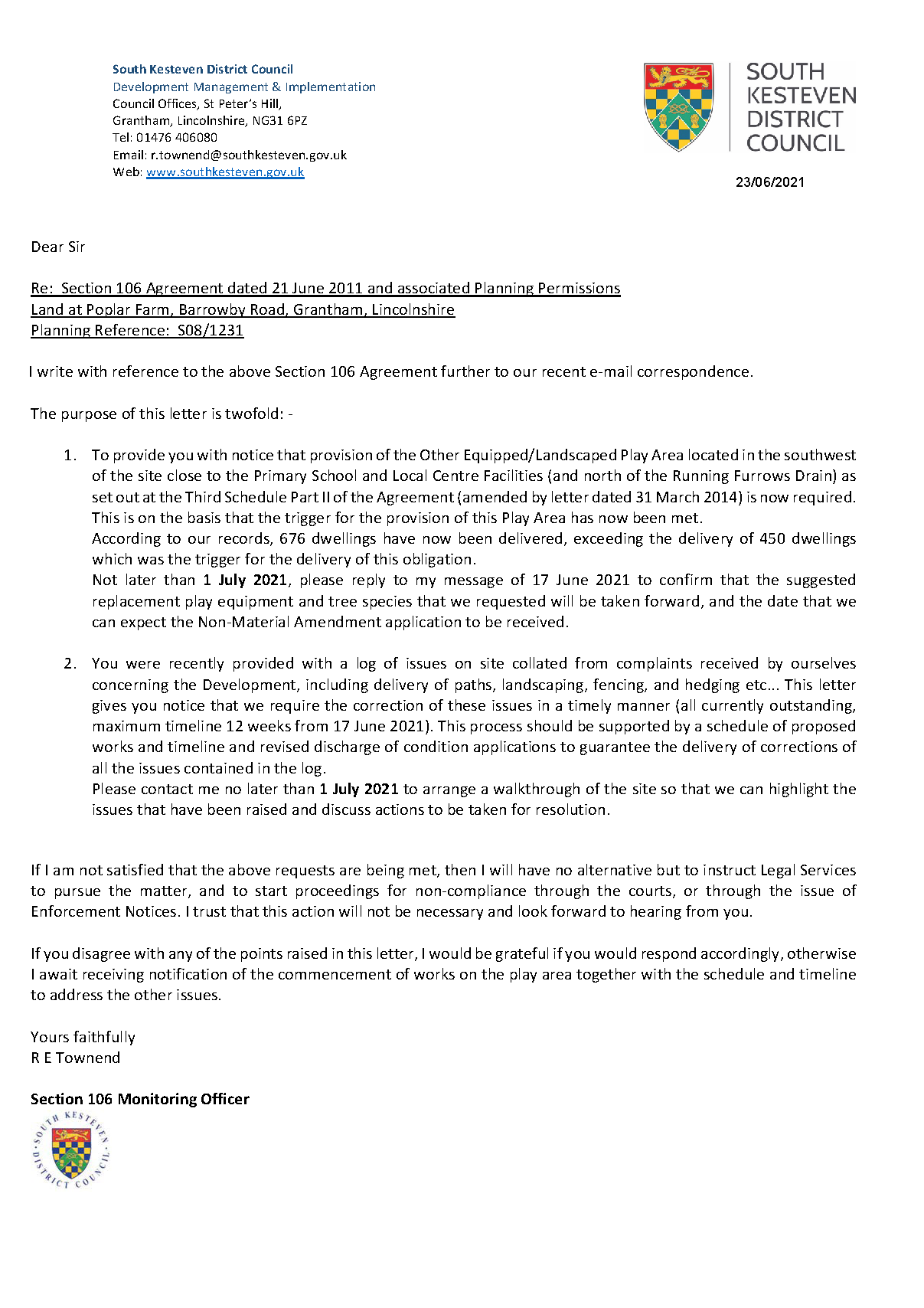 Update on Poplar Farm s106 Enforcement | Vote Davies